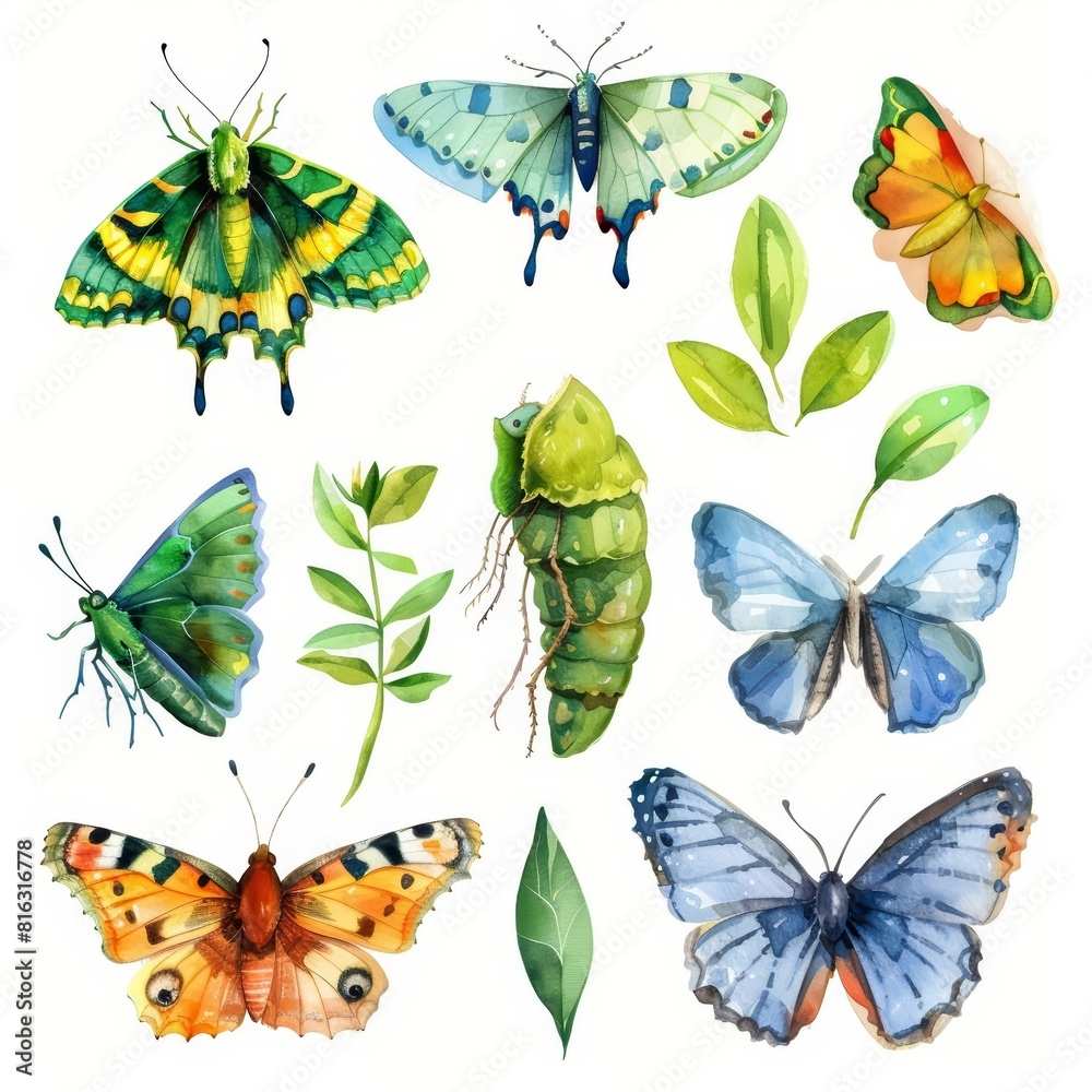 Set of watercolors depicting the different stages of a butterflys life ...