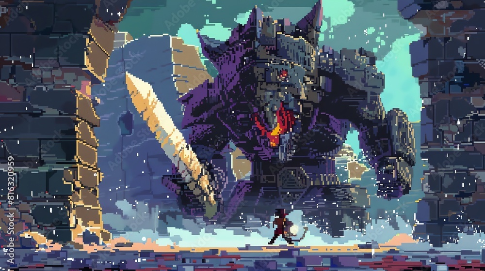 The brave warrior approaches the massive stone golem, its eyes glowing ...