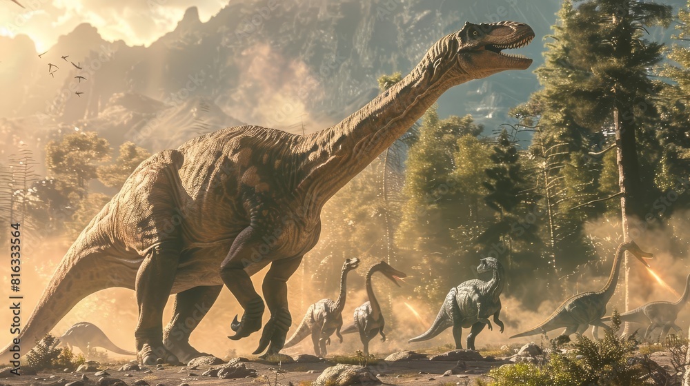 An actionpacked depiction of a Brachiosaurus being chased by a pack of ...