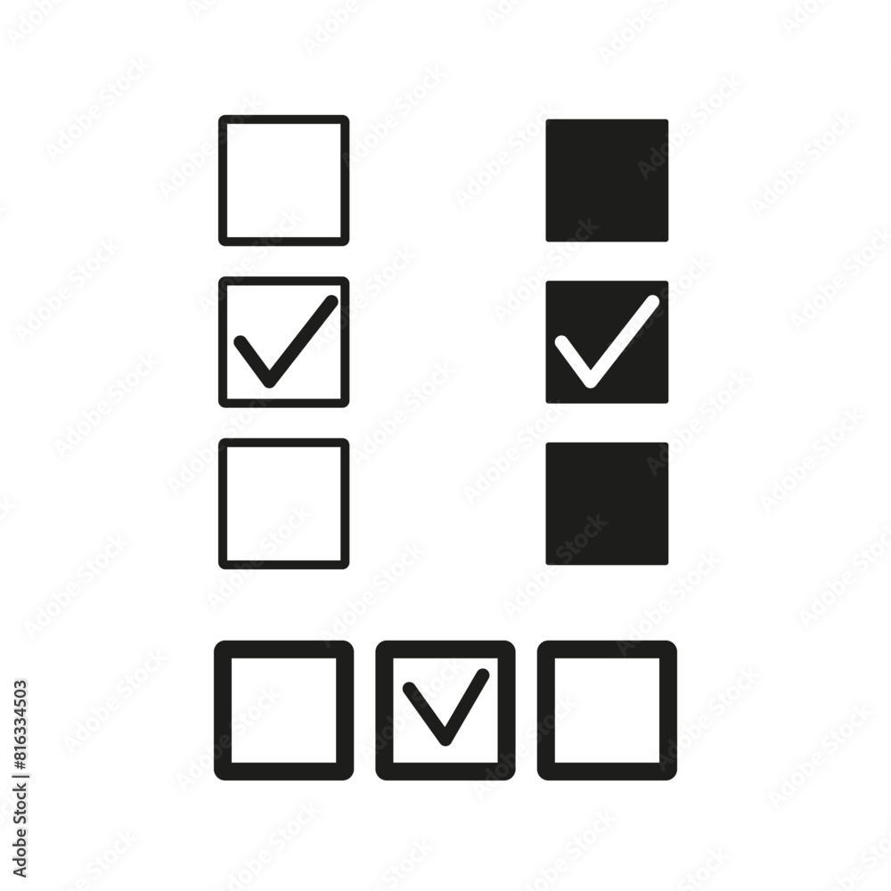 Set of check mark box icons. Various selection signs, black and white vector. Checkbox ...