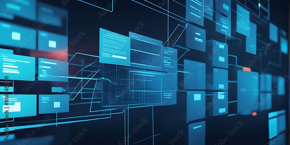 Abstract network grid with files and folders, futuristic software interface, digital document ...