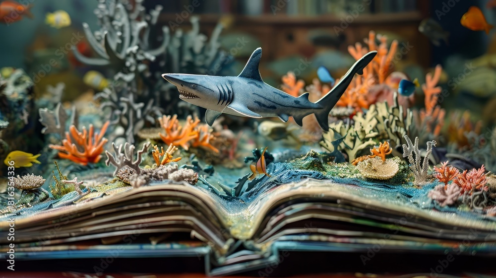 An open popup book featuring an underwater ocean scene, with layers of ...