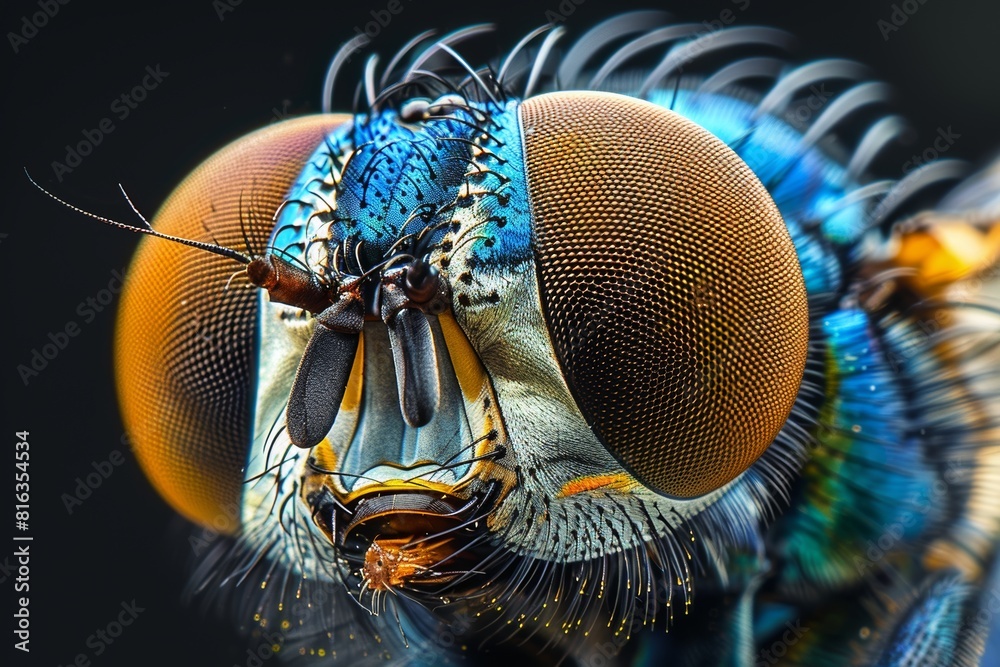 Close-up of a flys head showing compound eyes, ocelli, and mouthparts ...