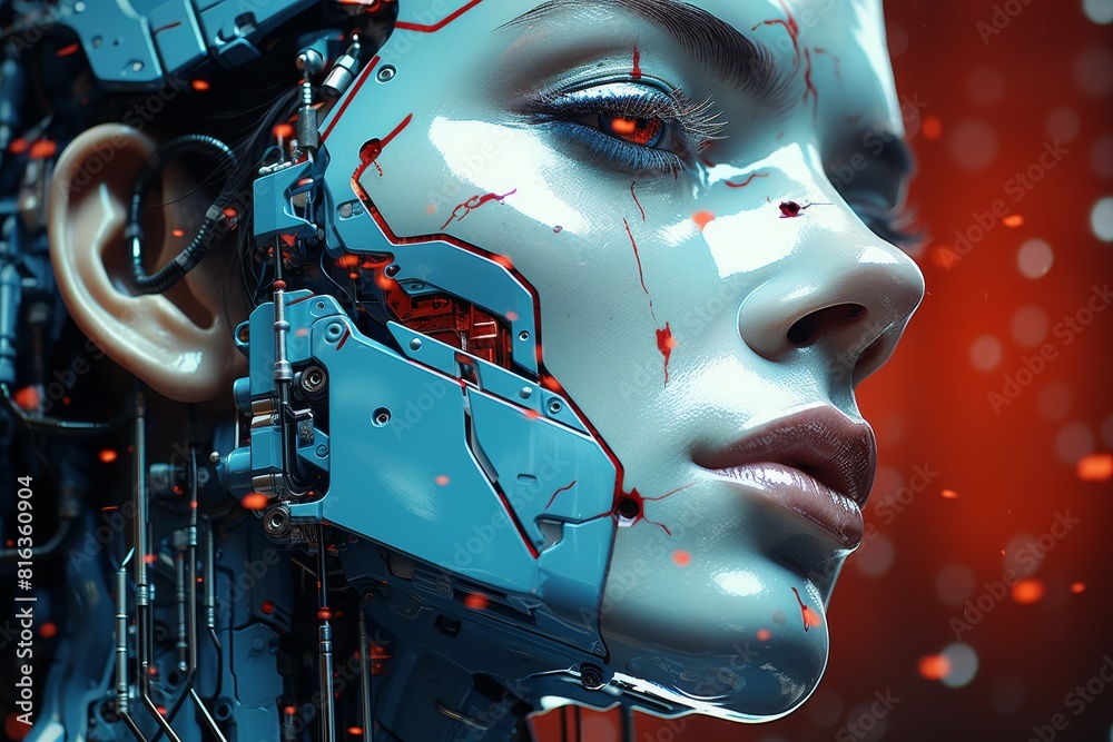 Futuristic portrait of a female cyborg with red eyes, metallic skin ...