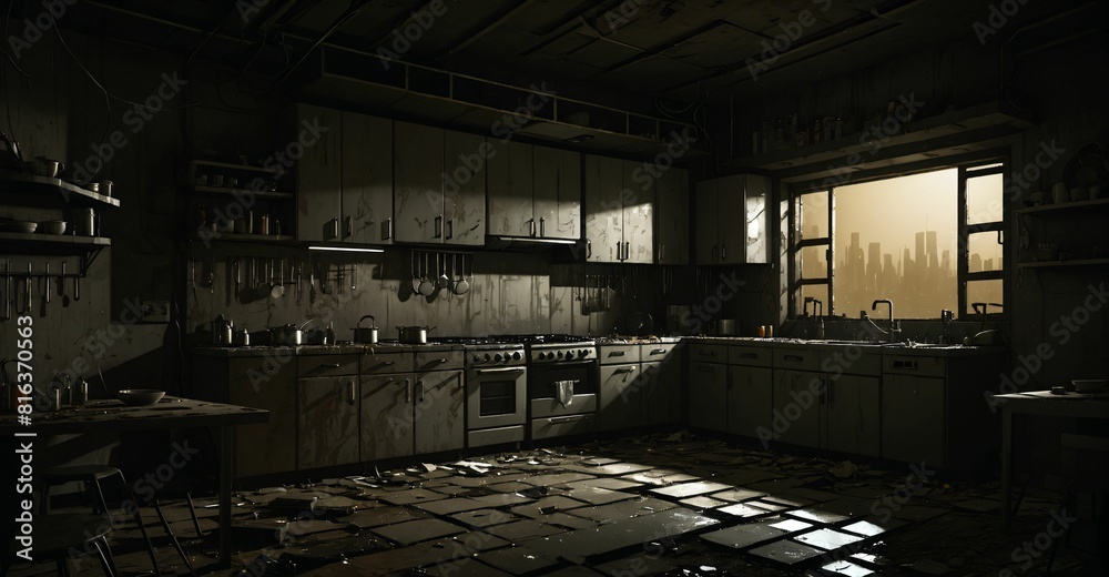 cyberpunk sci-fi dystopian abandoned kitchen house interior. futuristic ...