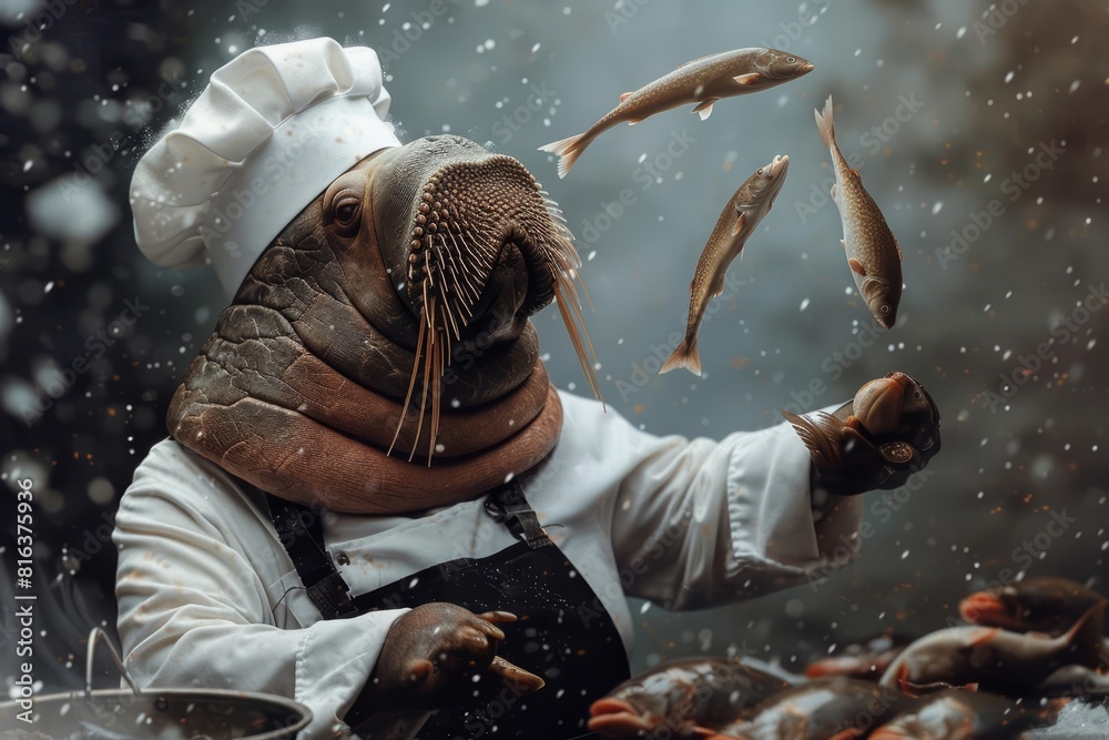 Amazing closeup charismatic of a walrus in a chefs hat, expertly ...