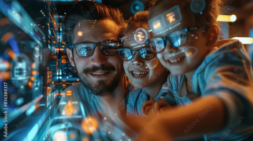 Smiling family with advanced technology, happy parents and children in ...