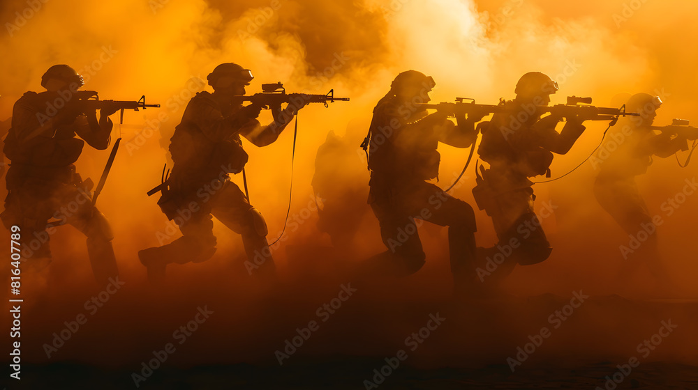Silhouettes of army soldiers in the fog against a sunset marines team ...