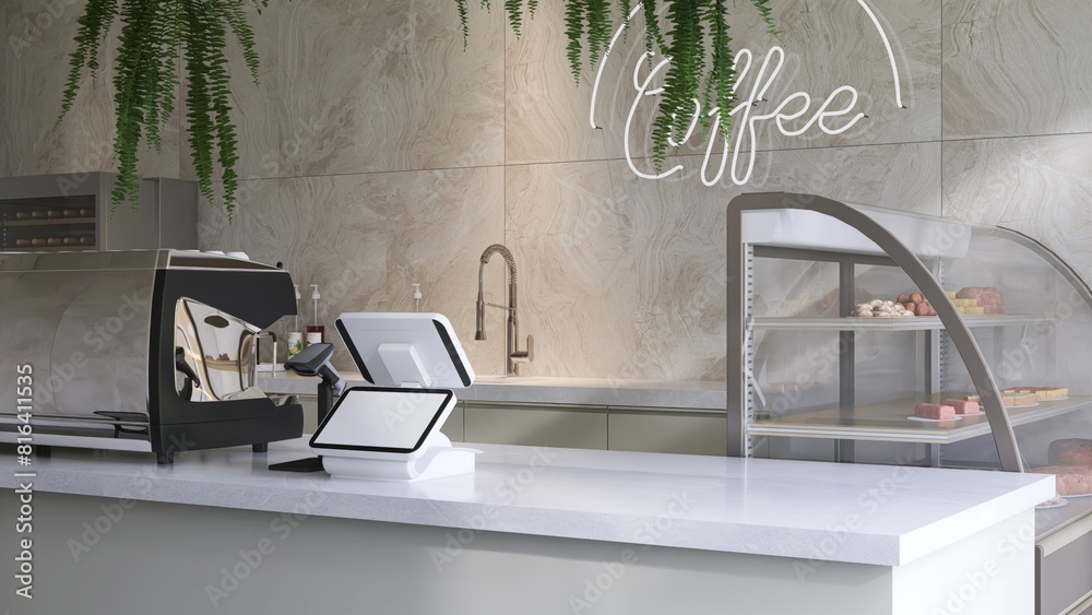 Modern design white blank screen of digital cash register, barcode ...