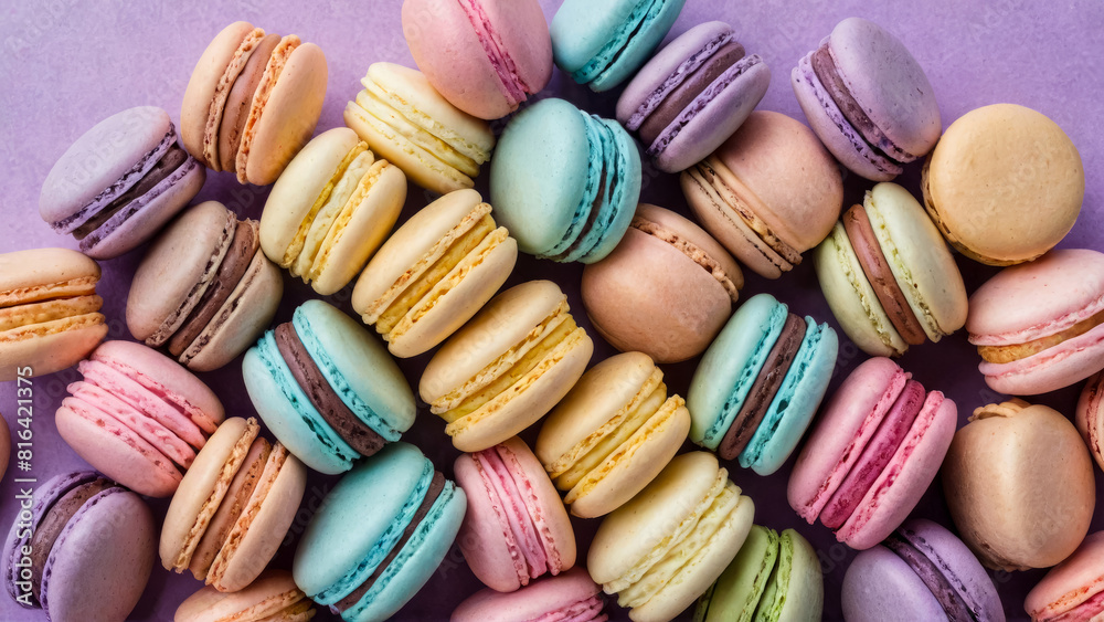 Multitude of colorful pastel French macaroons, tightly fitted together ...