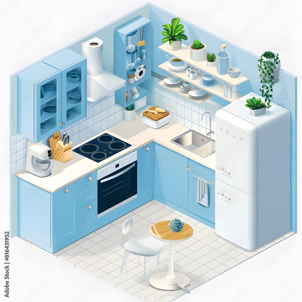 isometric cutaway of a kitchen room. Modern blue kitchen interior with ...