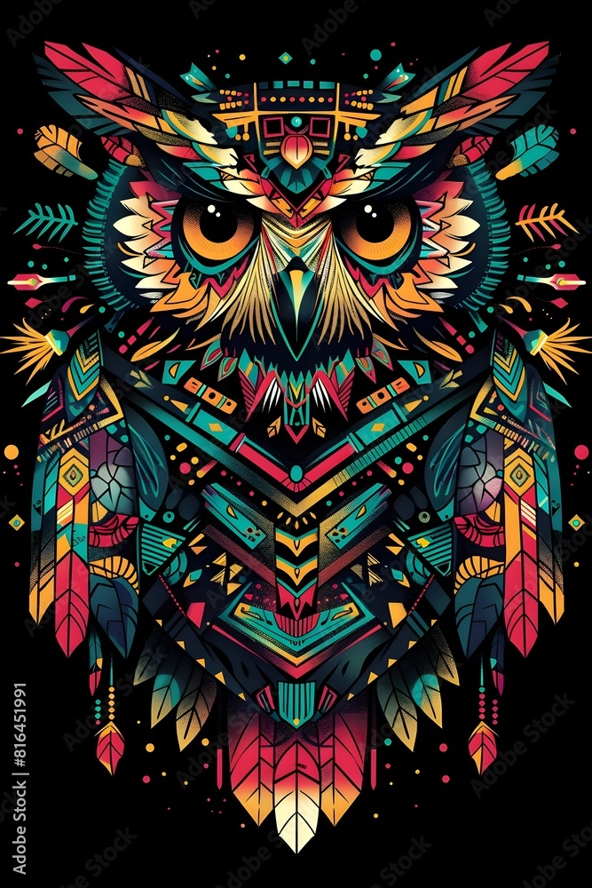Wise Owl Adorned with Native American Totem Symbols and Patterns on ...
