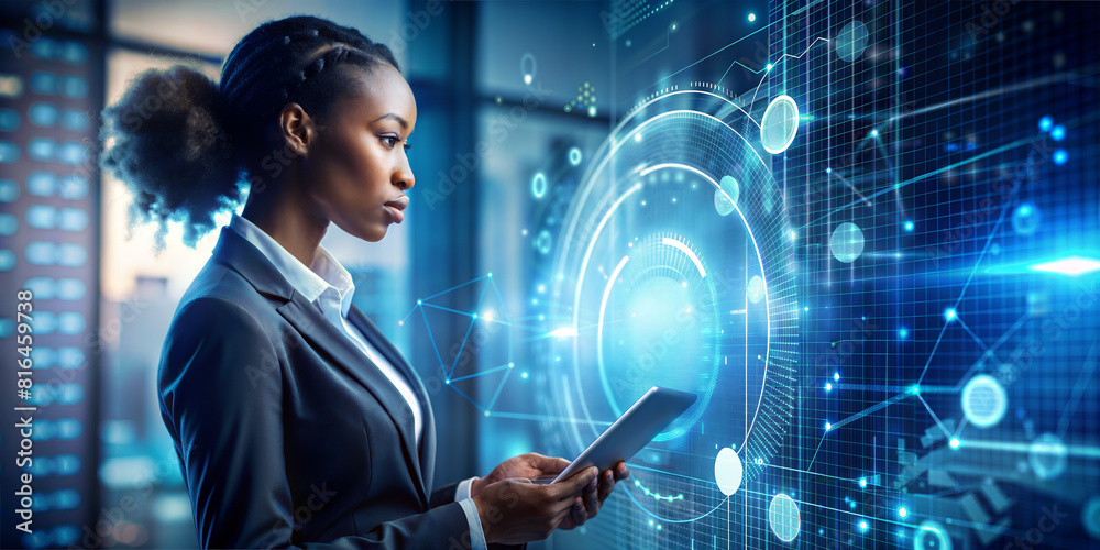 AI cyber security threat illustration, black african american female IT ...