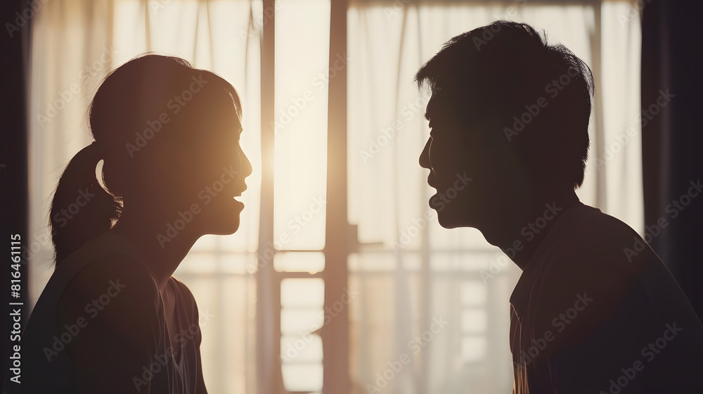 silhoutte of asian couple has a serious argue in front of the window at ...