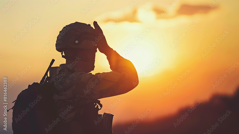 Silhouette of soldier in combat helmet and ammunition saluting on ...