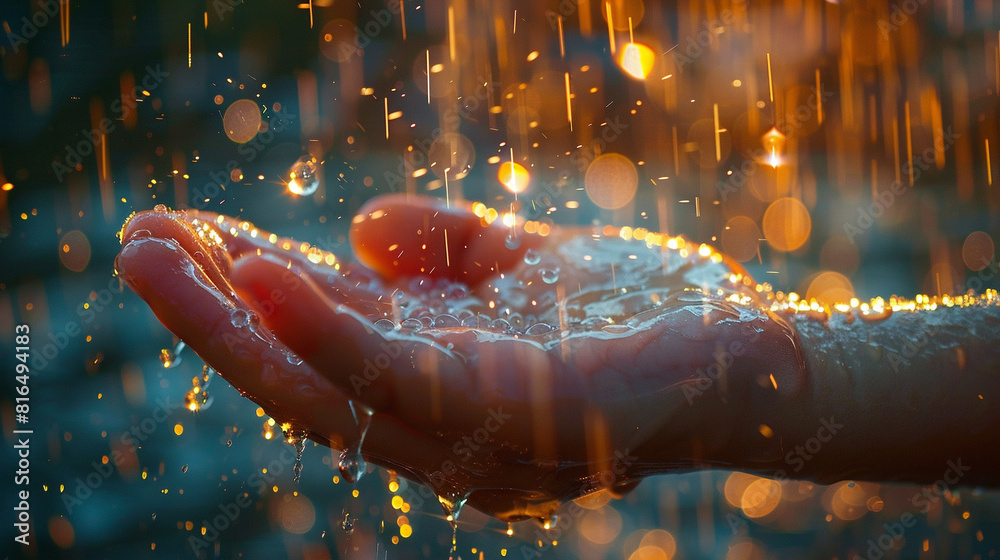 Childs hand catching raindrops, sparkling as they fall, front view ...