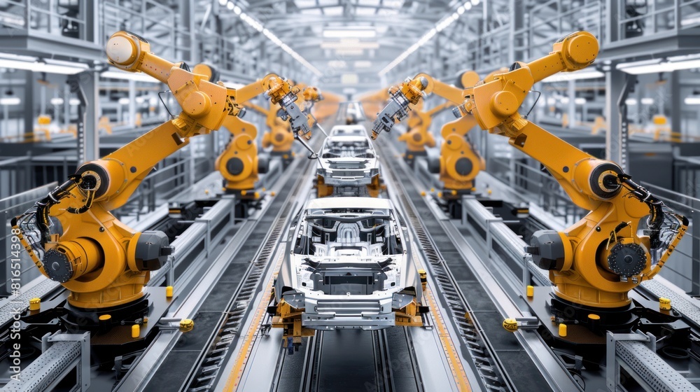 Car production line with robot arms in a car factory, photo of a modern ...