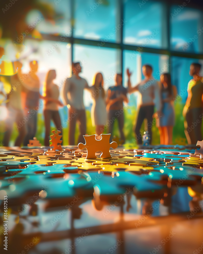 Business team celebrating completion of a jigsaw puzzle, smiles and ...