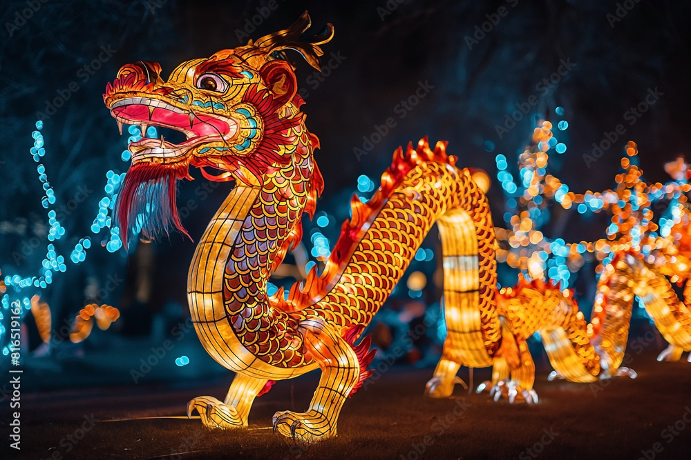 Dragon is lit up at night during chinese new year. Dragons are the most ...