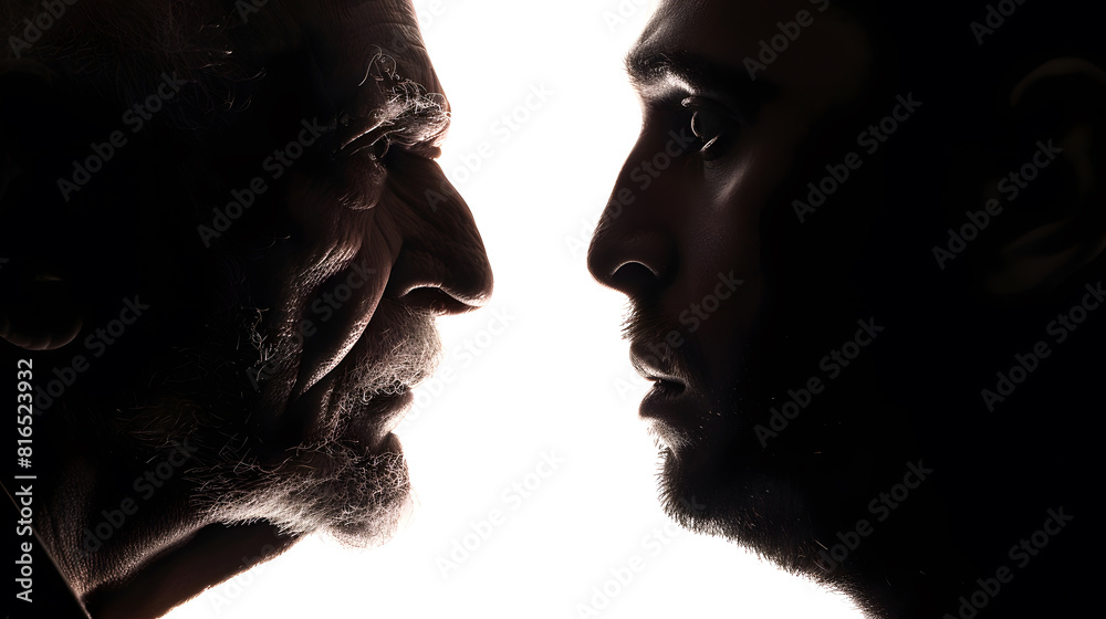 Face portrait of an old father and adult son opposite each other ...