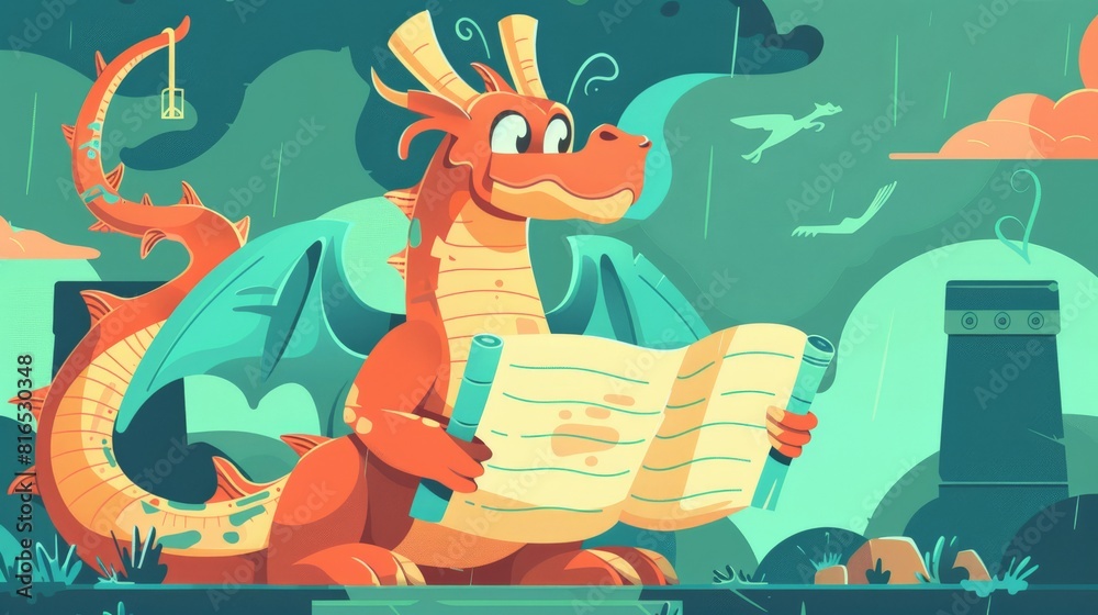 Visual of a dragon reading ancient scrolls flat design side view keeper ...