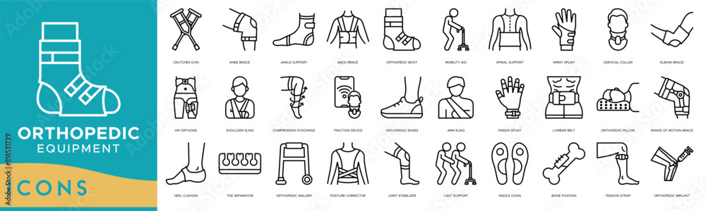 Orthopedic Equipment icon set. Crutches, Knee Brace, Ankle Support ...