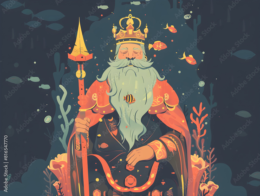 Majestic Ocean King Illustration: Regal Figure with Flowing White Beard, Gem-Studded Golden ...