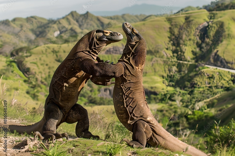Two lizards stand upright, mimicking a fight in a natural setting ...