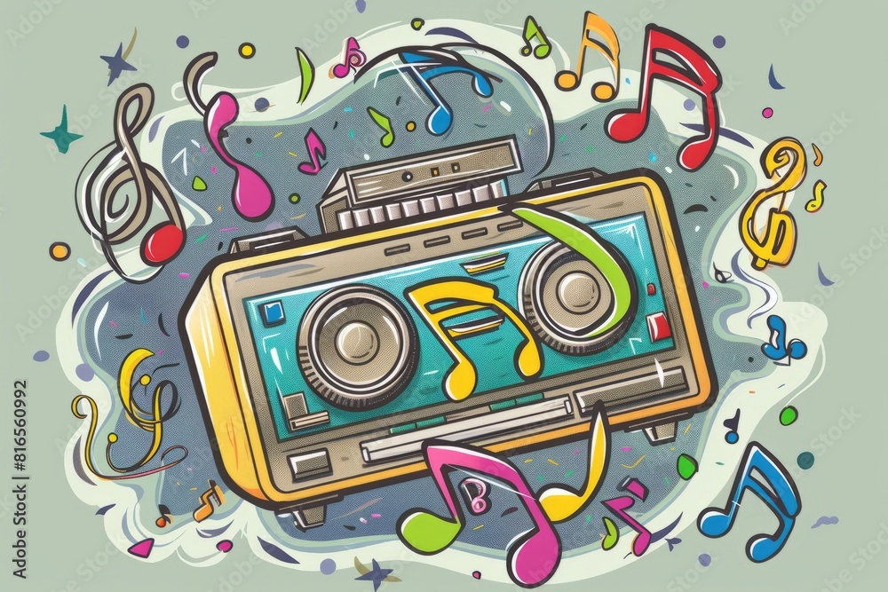 Cartoon cute doodles of a retro boombox blasting colorful music notes ...