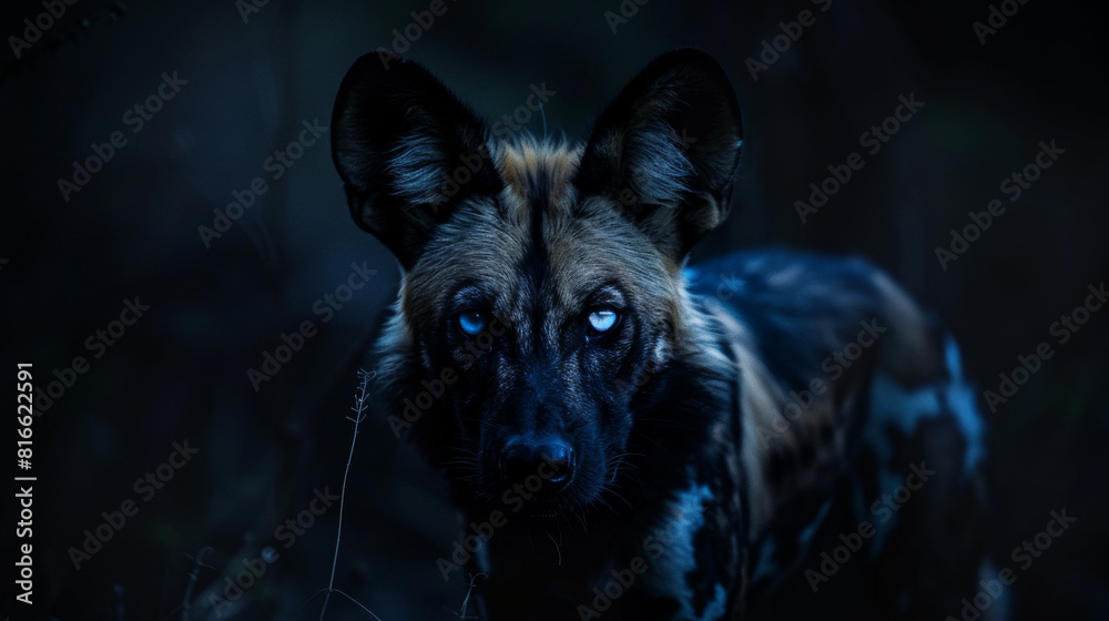 Dark and heavy atmosphere, front view of African wild dog with fierce ...