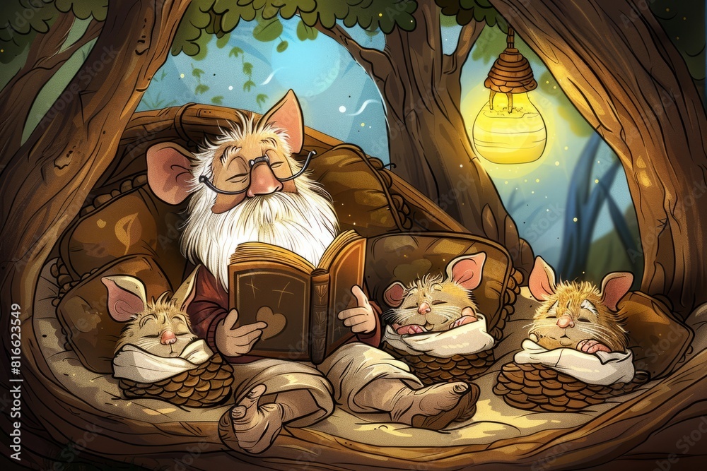 Cartoon cute doodles of a grandpa mouse reading a bedtime story to his ...