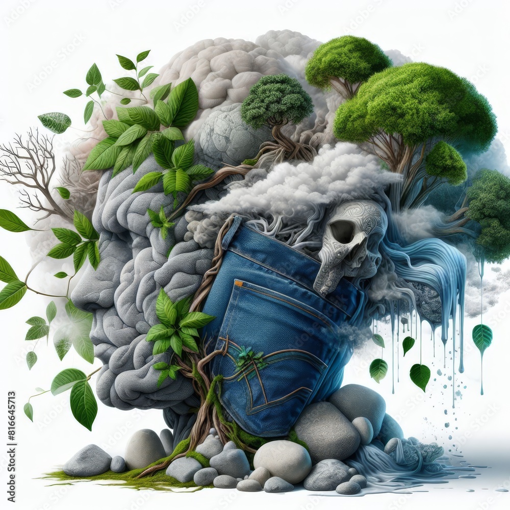 An artistic depiction where a human brain merges with elements of ...