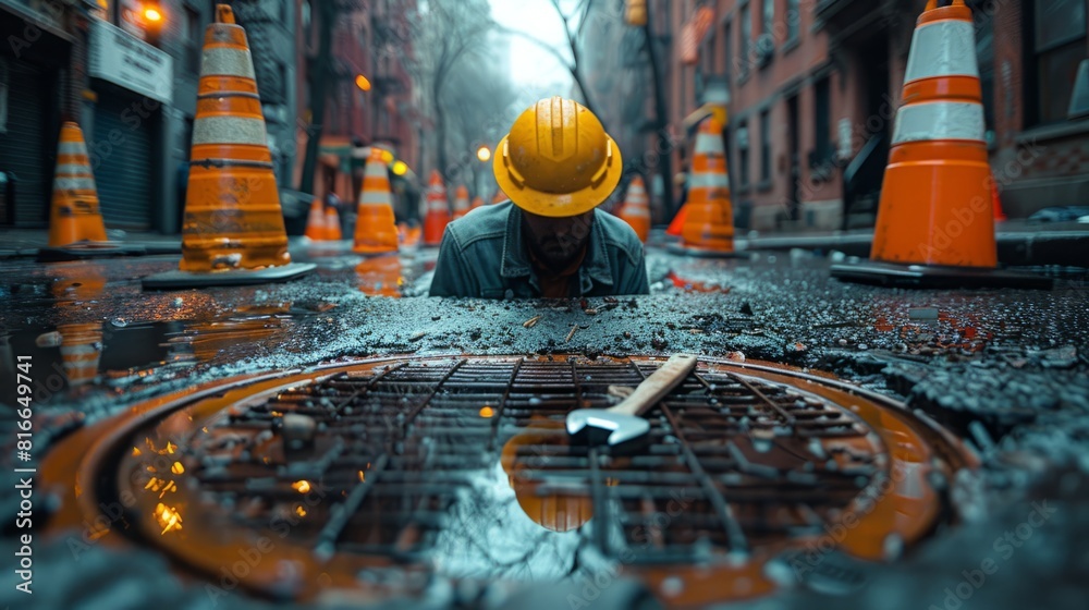 Preventive maintenance in action as a city worker fixes a sewer manhole ...
