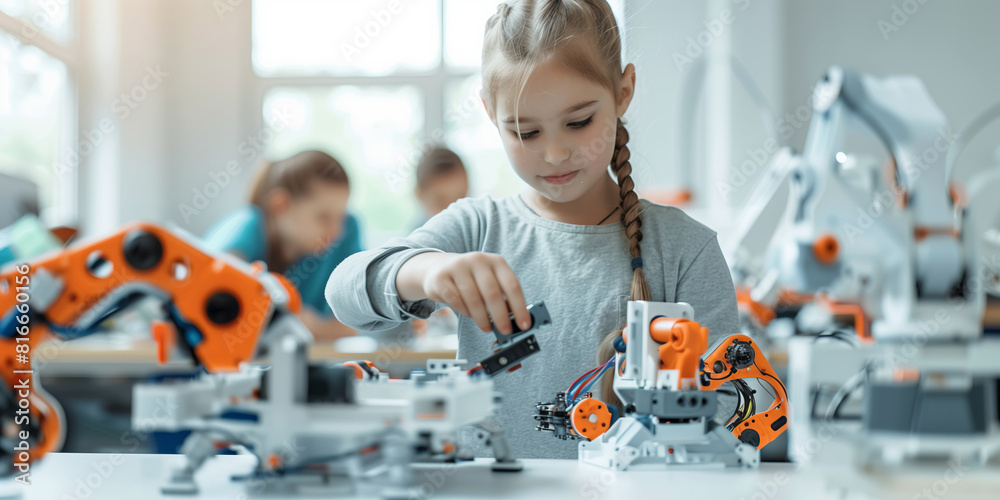Ten years old girl constructing robotic device in robotics class. Teen ...
