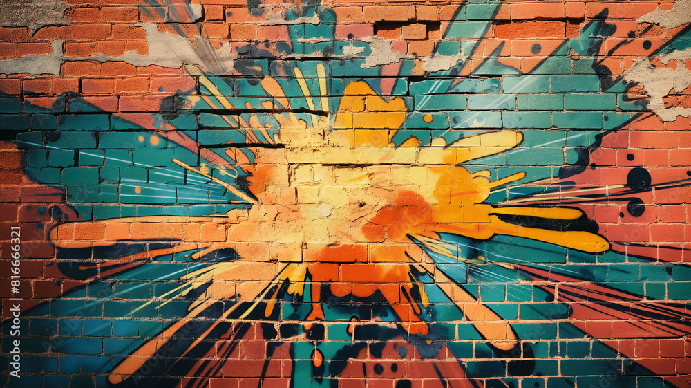 Pop art comic street graffiti with explosion symbol on brick wall ...