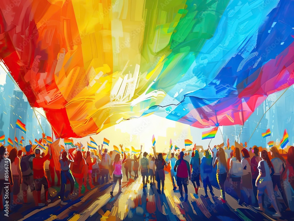 Joyful crowd under a giant rainbow flag at a Pride march, sun rays ...
