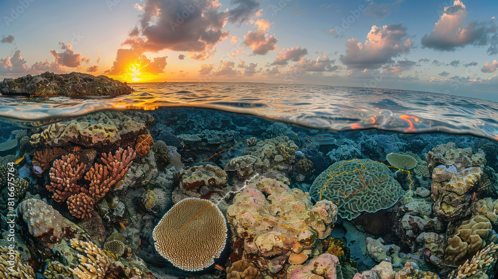 Coral reef at sunset with visible water level marks on nearby rocks ...