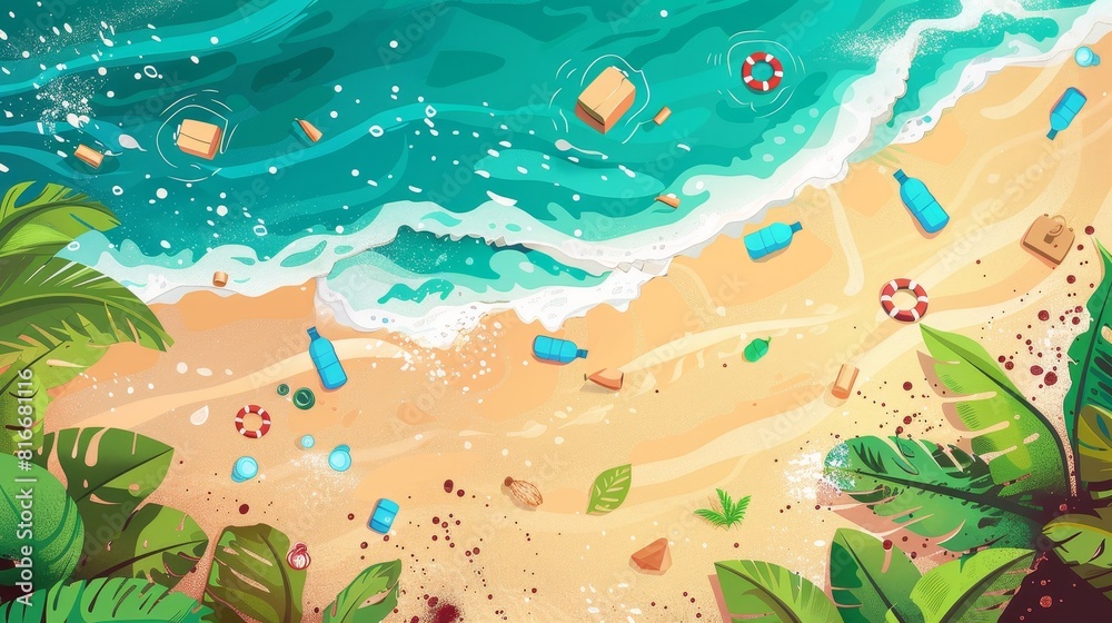 An ocean plastic pollution banner with floating trash and garbage in ...