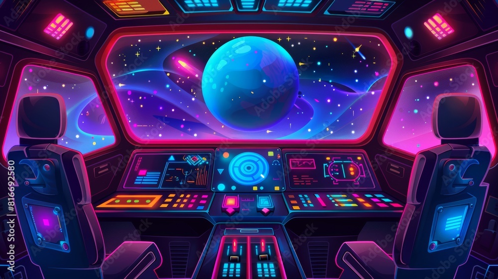 Cartoon modern illustration of a spaceship control center with high ...
