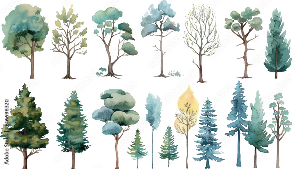 Tree watercolor, Side view green painting, set of graphics trees ...