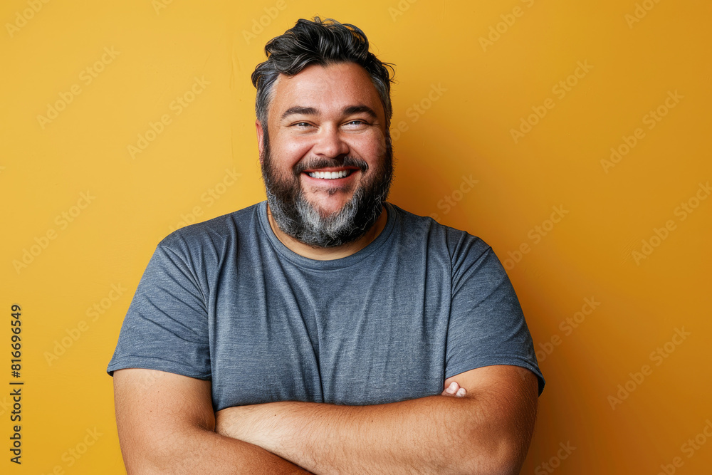 Image of a happy fat man with arms crossed wearing a casual t-shirt on ...