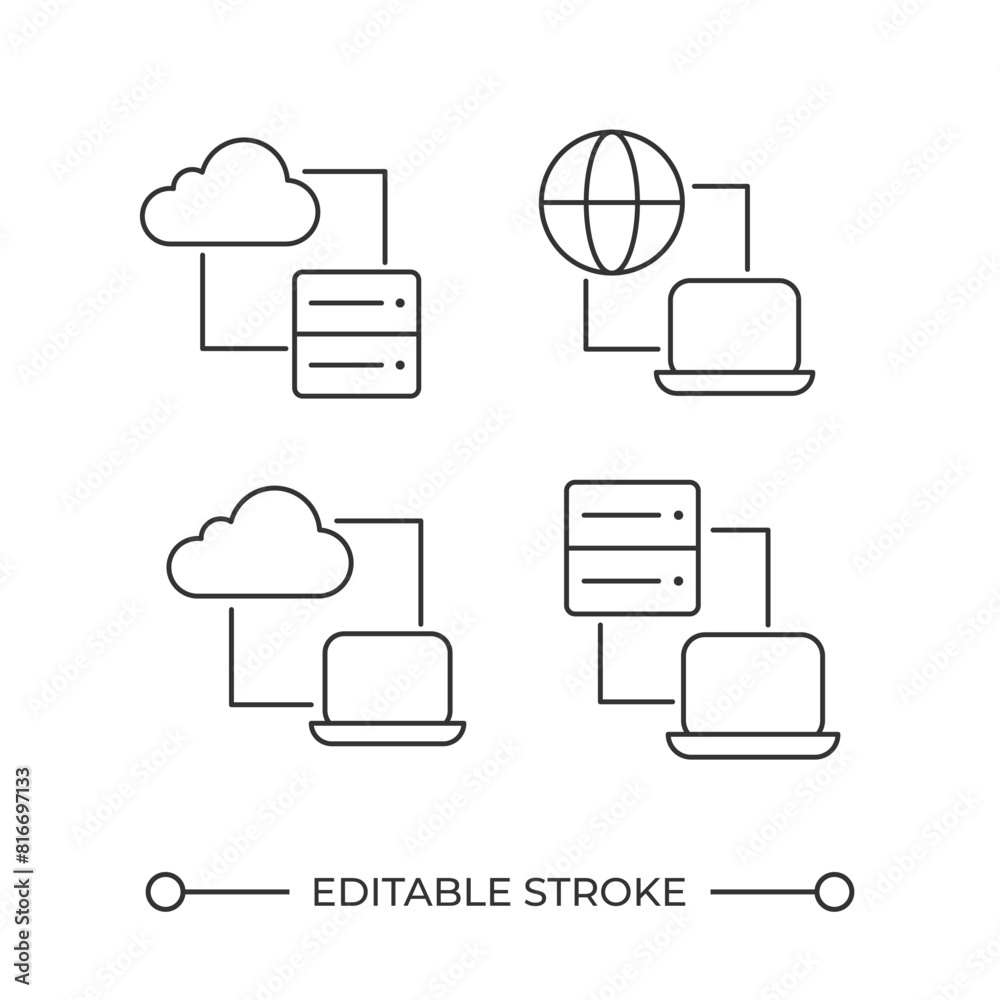 Computer connection linear icons set. Internet access. Cloud computing ...