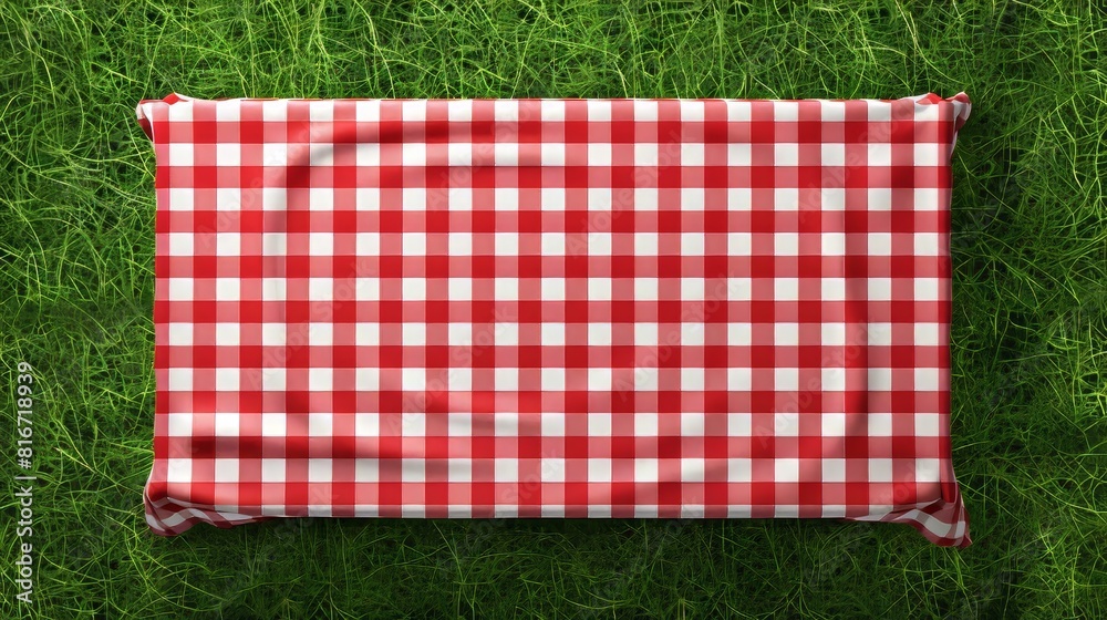An elegant gingham tablecloth with realistic prints on a green lawn ...
