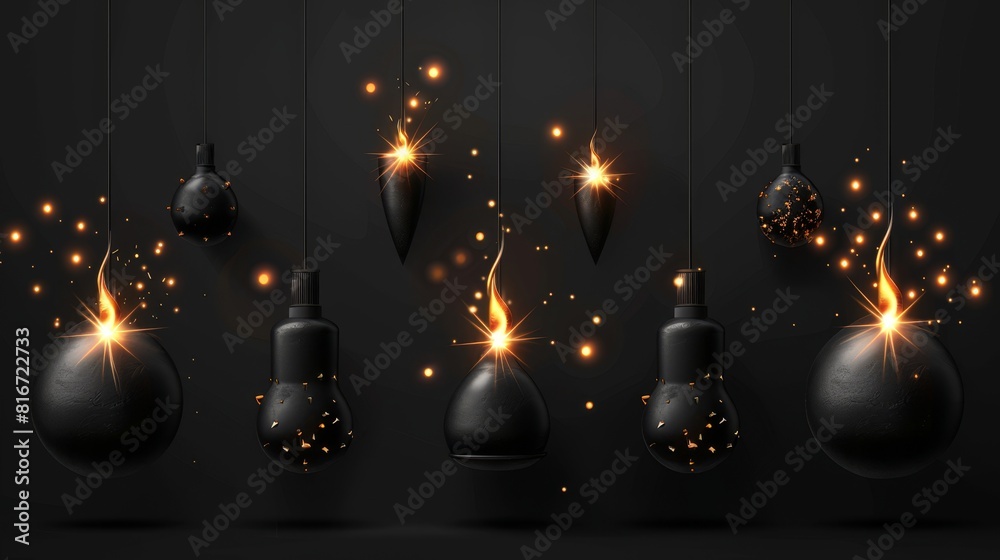 Realistic 3D modern set of bombs with burning fuse. Explosive military ...