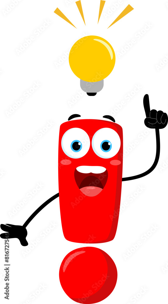 Cute Red Exclamation Mark Cartoon Character With Idea And Pointing ...