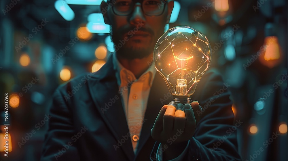 Vibrant visuals showcasing a businessman holding a light bulb linked to ...