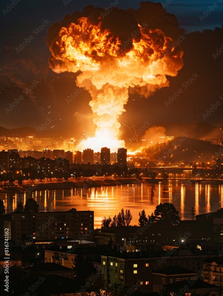 A spectacular nuclear explosion erupts in the night sky above a city ...