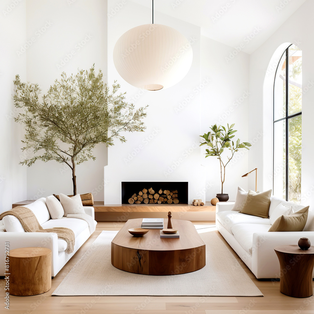 Wooden accent ellipse coffee table between two sofas against fireplace ...