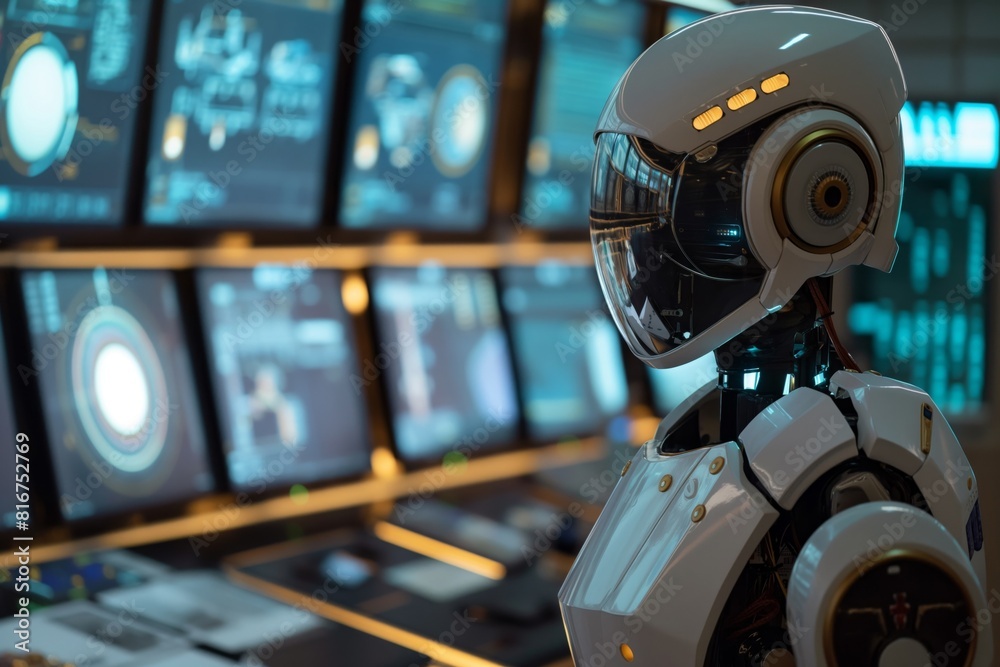 High-tech humanoid robot with a sleek design operates control panels in ...