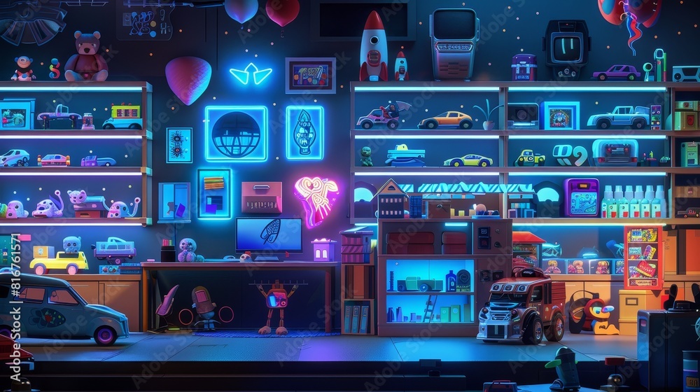 At night, a cartoon toy shop with furniture and goods on shelves ...